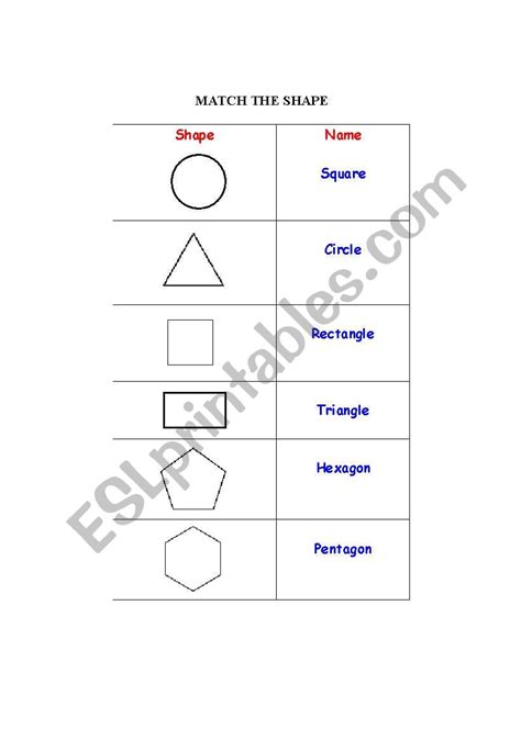 english worksheets 2d shapes match the shape