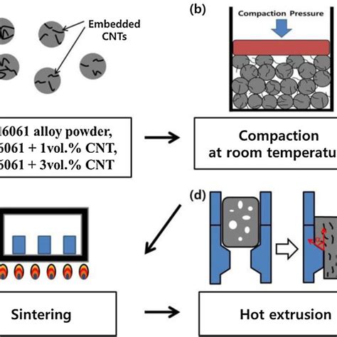 Schematic Diagrams Of Compaction Sintering And Extrusion Of Al6061 Download Scientific