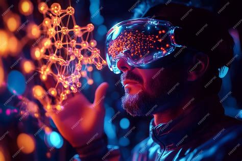 Young Man Wearing Virtual Reality Goggles And Touching Molecule Structure 3d Rendering Premium
