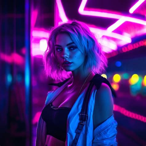 Premium AI Image A Woman With Blonde Hair Stands In Front Of A Neon