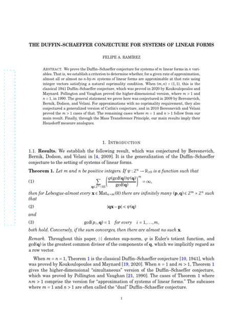 The Duffin Schaeffer Conjecture For Systems Of Lin Pdf Conjecture Rational Number