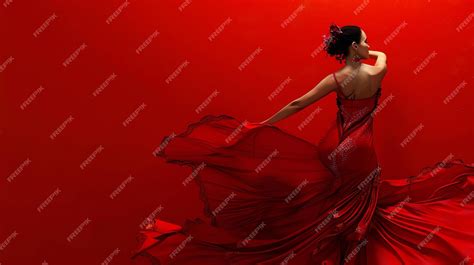 A Graceful Female Dancer Is Posing In A Red Dress Her Hair Is Swept Up