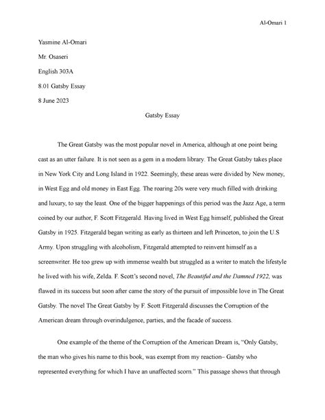 Great Gatsby Essay Al Omari 1 Yasmine Al Omari Mr Osaseri English