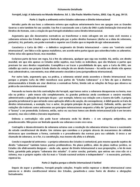 Fichamento Detalhado Ferrajoli Pdf Estado Direito Internacional