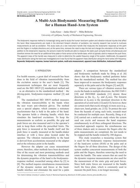 PDF A Multi Axis Biodynamic Measuring Handle For A Human Hand Arm System