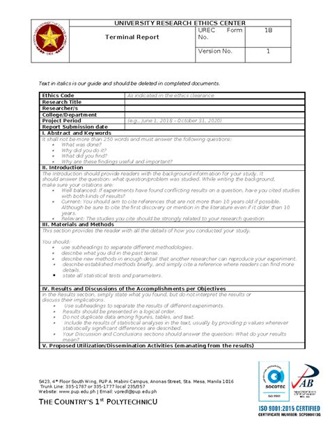 Urec Form 18 Terminal Report Template University Research Ethics