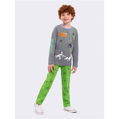 Pijama Manga Longa Masculino Infantil Scooby Doo Spiders Brilha No