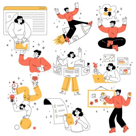 Productivity With Man And Woman Managing Tasks Vector Set Stock Vector Illustration Of High