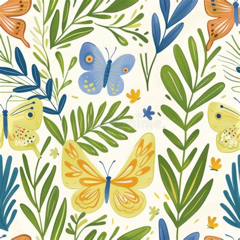Vibrant Butterfly Patterns With Lush Green Foliage Illustration Stock