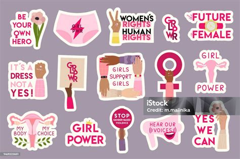 여성 운동 페미니스트 스티커 짧은 따옴표 세트 소녀 파워 레터링 여성 권한 부여 양성 평등을 위한 투쟁 페미니즘 자매애 개념 손으로 그린 벡터 그림입니다 여성의 권리에 대한