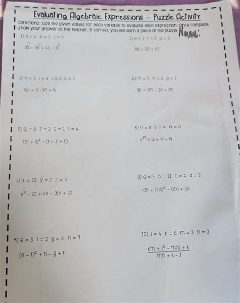 Solved Evaluating Algebraic Expressions — Puzzle Activity Directions