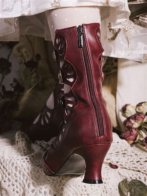 Wine Red Vintage Ankle Boots Cutout Pointed Toe Mary Janes