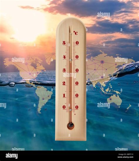 World Map With Thermometer Showing High Temperature And Seascape On