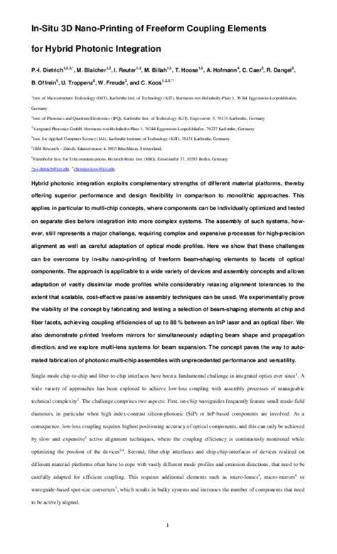 Pdf In Situ 3d Nanoprinting Of Free Form Coupling Elements For Hybrid Photonic Integration
