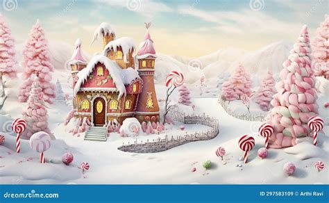 A Gingerbread House Surrounded By Candy Canes And Gumdrops Stock