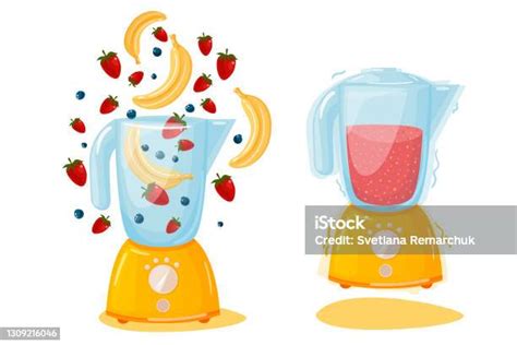 빠르고 맛있고 아름다운 아침 식사의 개념 유기농 생 딸기 바나나 칵테일 푸드 프로세서 믹서 블렌더 및 과일 스무디의 벡터 일러스트레이션 건강한 생활방식에 대한 스톡 벡터