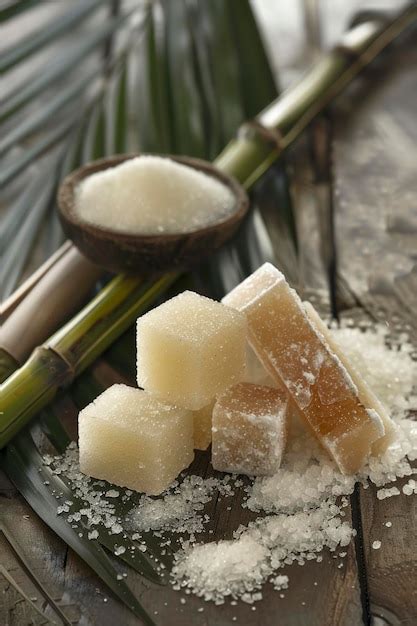 A Sugarcane Stalk Next To Sweet Sugar Cube And Powder Premium Ai