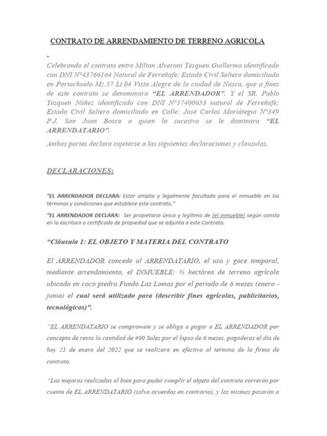 Contrato De Arrendamiento De Terreno Agricola Pdf Propiedad