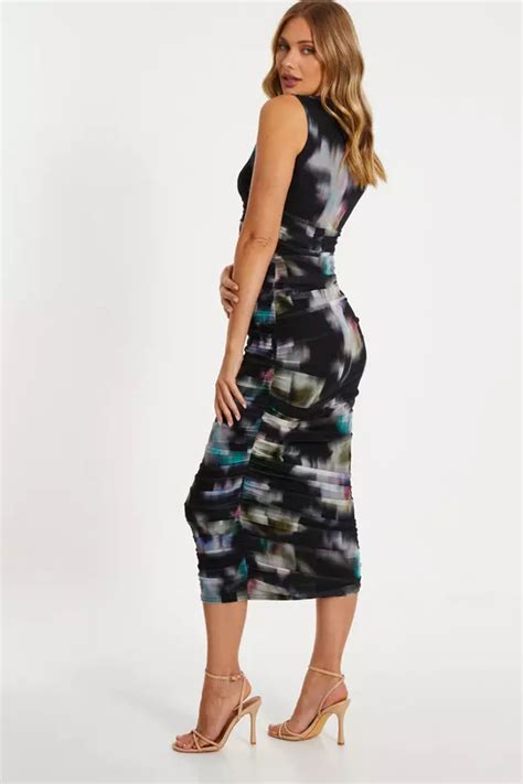 Black Brushstroke Print Mesh Midaxi Dress Quiz Clothing