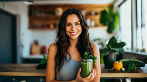 Premium Photo Young Woman Drinking Green Smoothie Selective Focus Girl