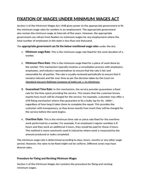 Fixation Of Wages Under Minimum Wages Act Pdf Wage Employment