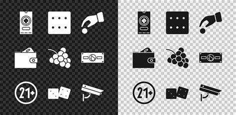 세트 카지노 포커 토너먼트 초대장 게임 주사위 핸드 홀딩 카지노 칩 21 플러스 보안 카메라 돈 지갑 및 슬롯 머신 포도 아이콘 벡터 0명에 대한 스톡 벡터 아트 및 기타