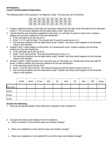 Ap Statistics Linear Transformations Exploration