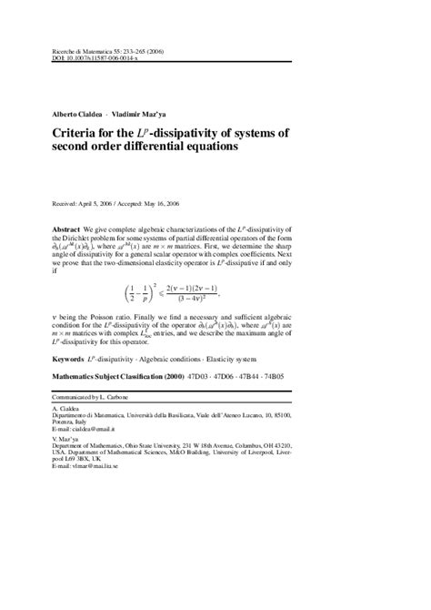 Pdf Criteria For The L P Dissipativity Of Systems Of Second Order