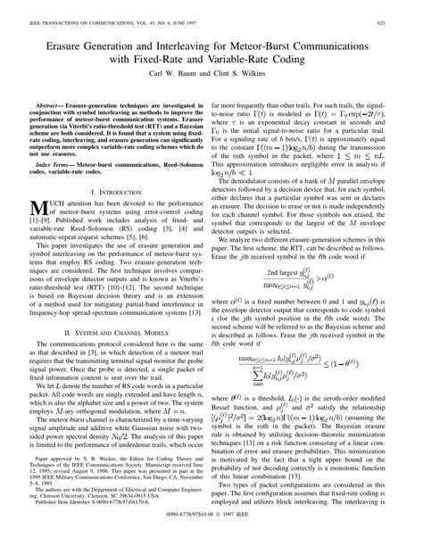 Pdf Erasure Generation And Interleaving For Meteor Burst