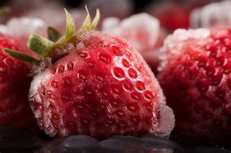 Chilled Delight Macro Shot Of Frozen Strawberries Surrounded By Ice