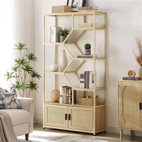 Paproos Natural Bookshelf With 2 Cabinets 7 Tier Tall Bookcase Large