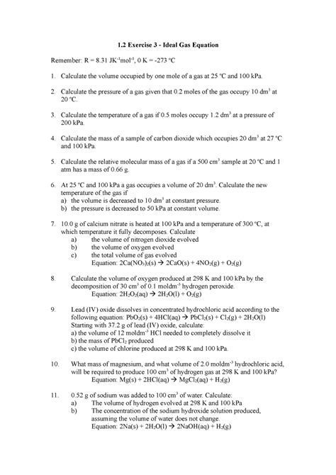 Ideal Gas Equation 1 Exercise 3 Ideal Gas Equation Remember R 8