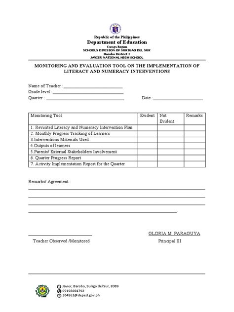 Literacy Numeracy Quarter Monitoring Tool Pdf