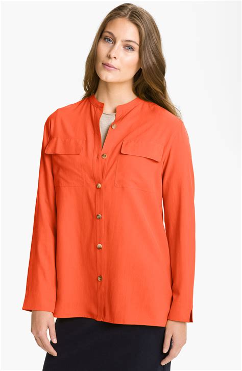 Lafayette 148 New York Sueded Silk Blouse In Orange Persimmon Lyst