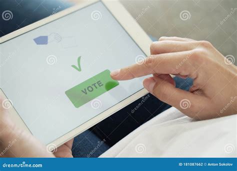 Woman Tap Vote Button On Digital Tablet Voting Online Stock Photo Image Of Choice Mark
