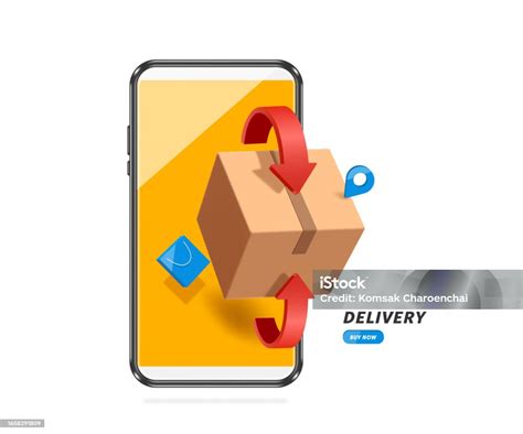 빨간색 화살표는 소포 상자 또는 판지 상자를 가리킵니다 그리고 고객에게 배송을 나타내는 위치 핀이 있습니다 스마트폰 화면의 모든 것 신속 배달에 대한 스톡 벡터 아트 및