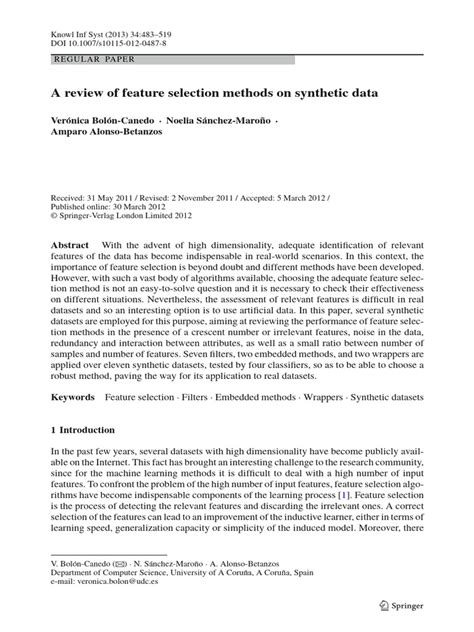 A Review Of Feature Selection Methods On Synthetic Data Download Free Pdf Support Vector
