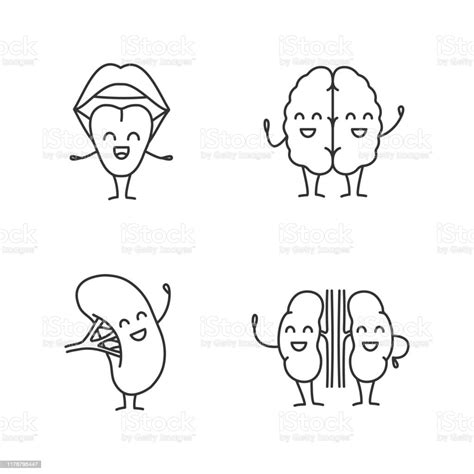 Smiling Human Internal Organs Characters Linear Icons Set Stock
