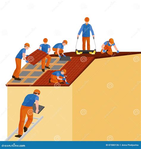 顶房顶建筑工人修理家，修造结构定象屋顶瓦片房子用辛苦设备，盖屋顶的人人与 向量例证 插画 包括有 安装工 发展 87080136
