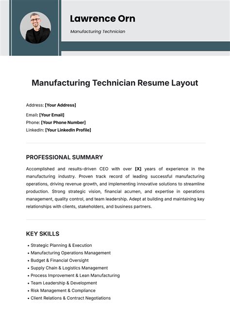 Free Manufacturing Technician Resume Layout Template To Edit Online