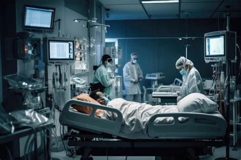 Patient Lying In A Hospital Bed Surrounded By Medical Equipment And
