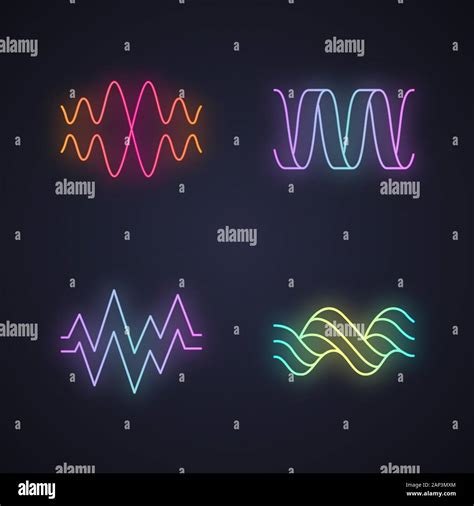 Sound Waves Neon Light Icons Set Audio Waves Music Frequency Voice Line Overlapping