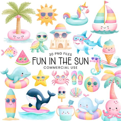 Cute Summer Clipart Watercolor Fun In The Sun Beach Pool
