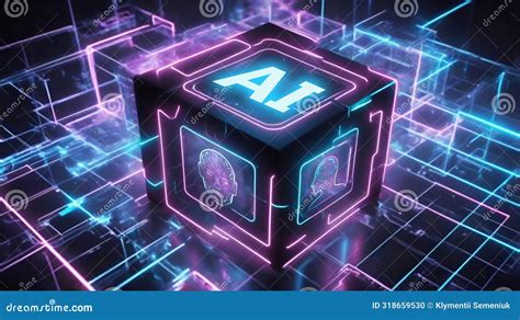 Artificial Intelligence Neon Cube Processor On Circuit Board Working On