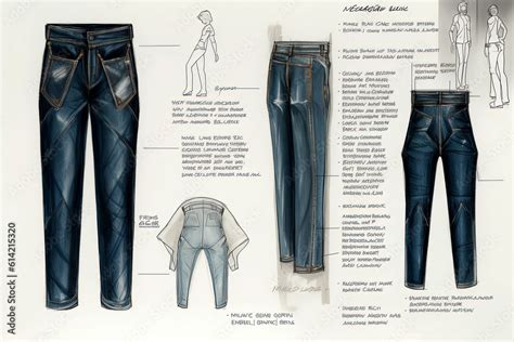Generative Ai Illustration Of Technical Data Sheet For Denim Pants And Jackets Stock