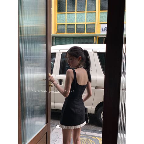 Lattitude Yang Xiaolu Tiffany Breakfast Small Fragrance Slim Sling Splicing Dress Short Skirt Women