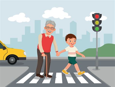 un niñito lindo ayuda a un anciano abuelo a cruzar la calle en el