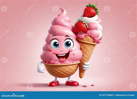 Personaje De Dibujos Animados De Helado Con Fresa En Cono De Gofre
