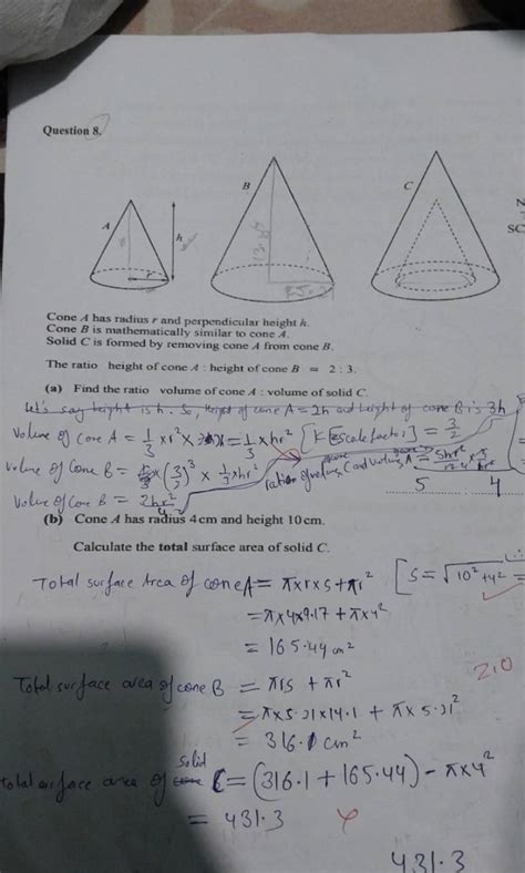 Question 8 Cone A Has Radius R And Perpendicular Height H Cone B Is Mat