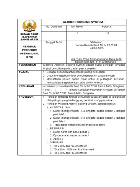 Spo Aldrete Scoring System Pdf
